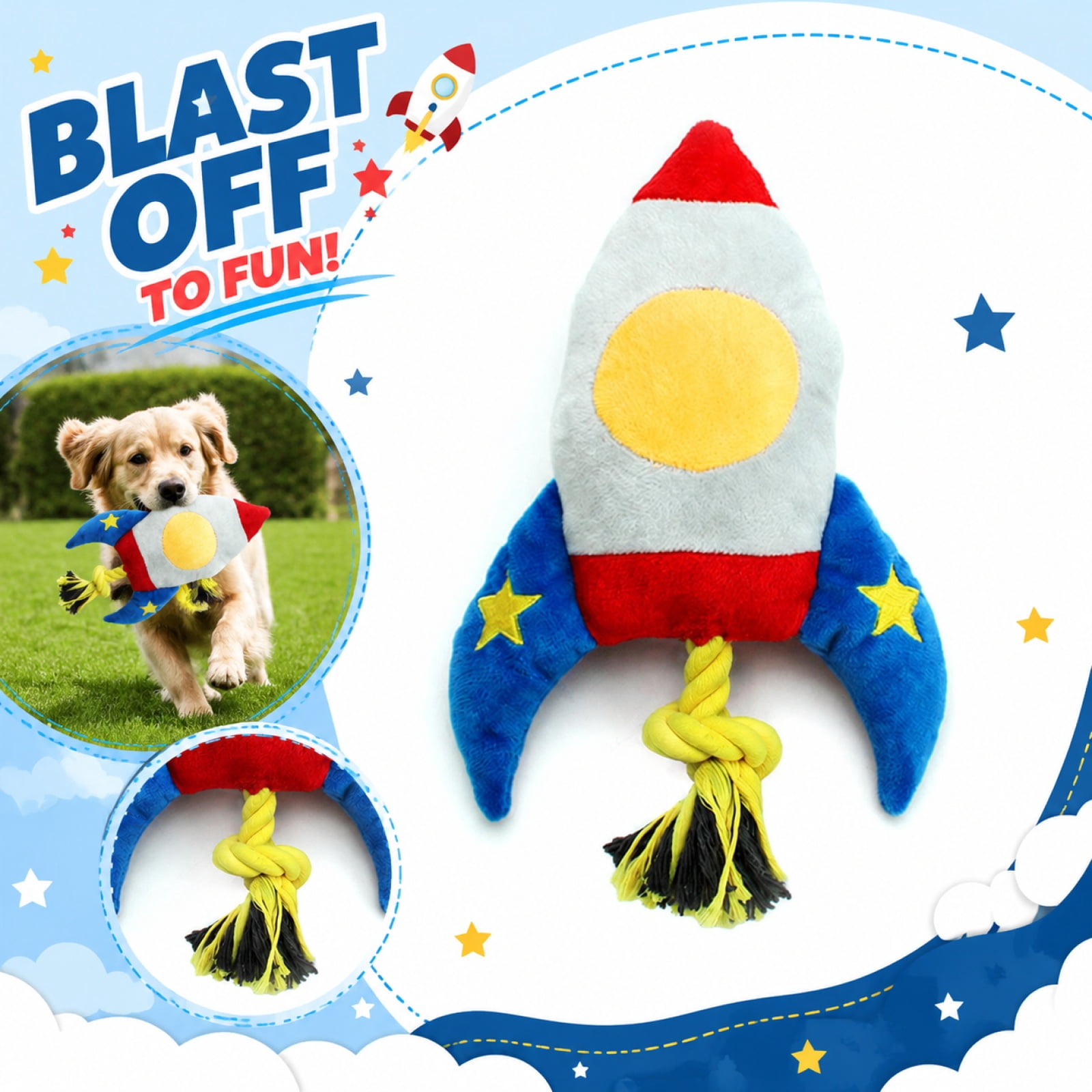 Dog Rope Toy Rocket Shaped, Squeaky Chew Tug Toy For Small Medium Large ...