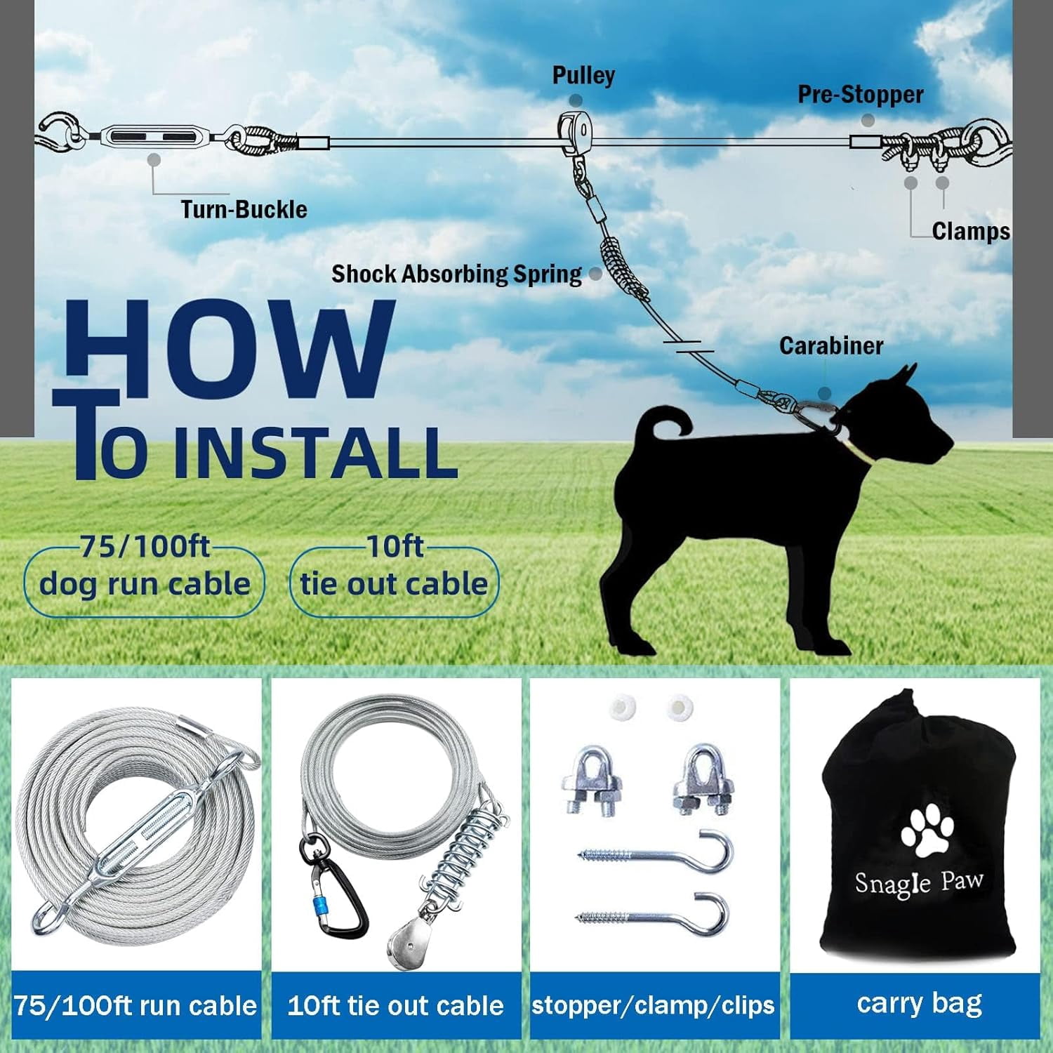 Dog Runner for Yard,Trolley System for Large Dogs,Run Cable 100ft with ...