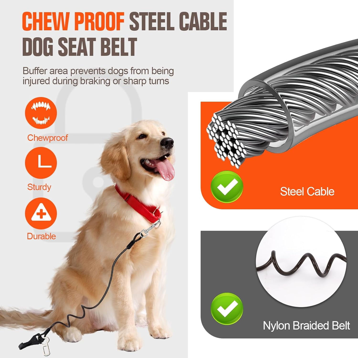 Dog Seat Belt for Car, Chew Proof Dog Leash 2 in 1 Steel Cable with ...