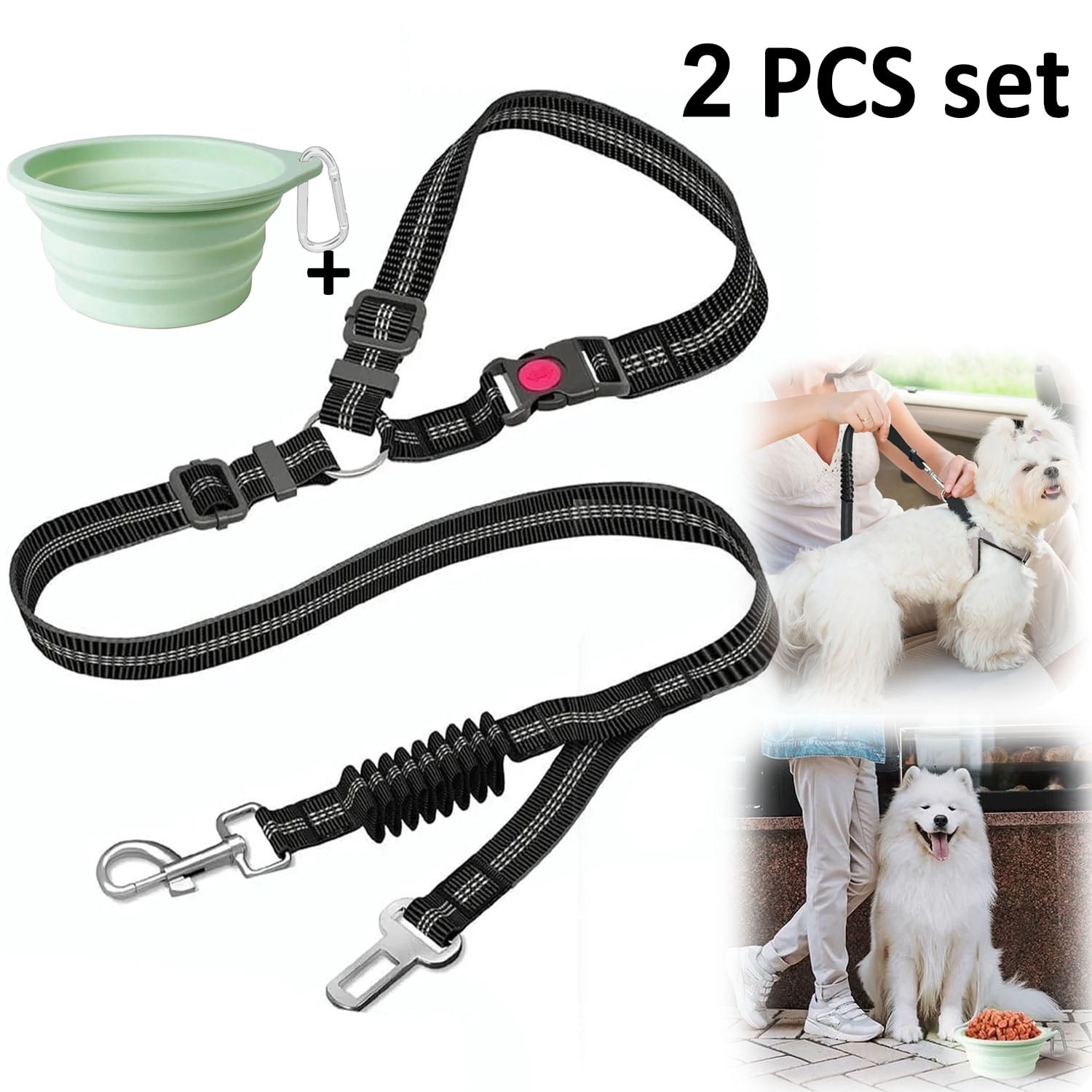 Dog Seat Belt with Outdoor Folding Bowl.Seatbelt for dogs in car,Dual ...