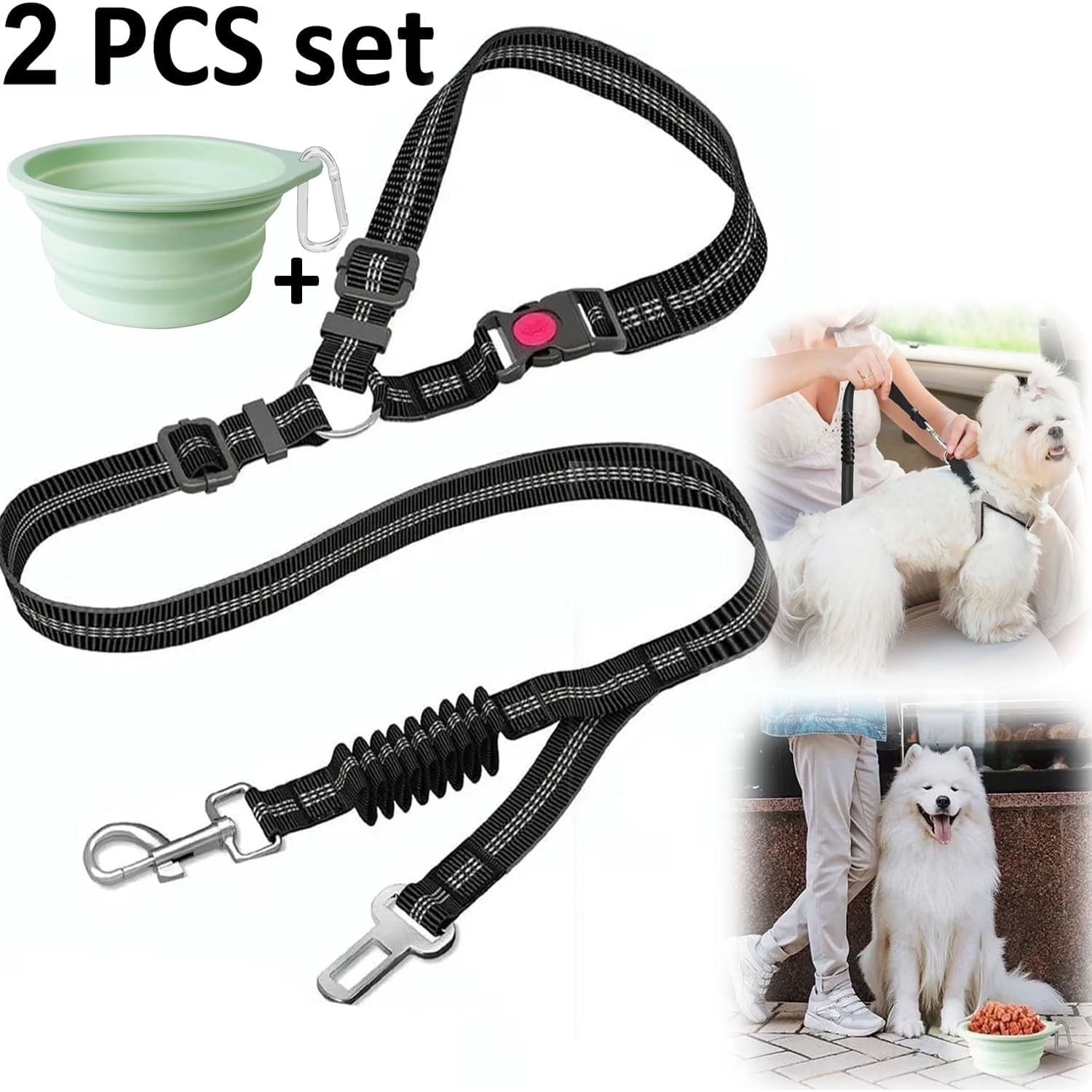 Dog Seat Belt with Outdoor Folding Bowl.Seatbelt for dogs in car,Dual ...