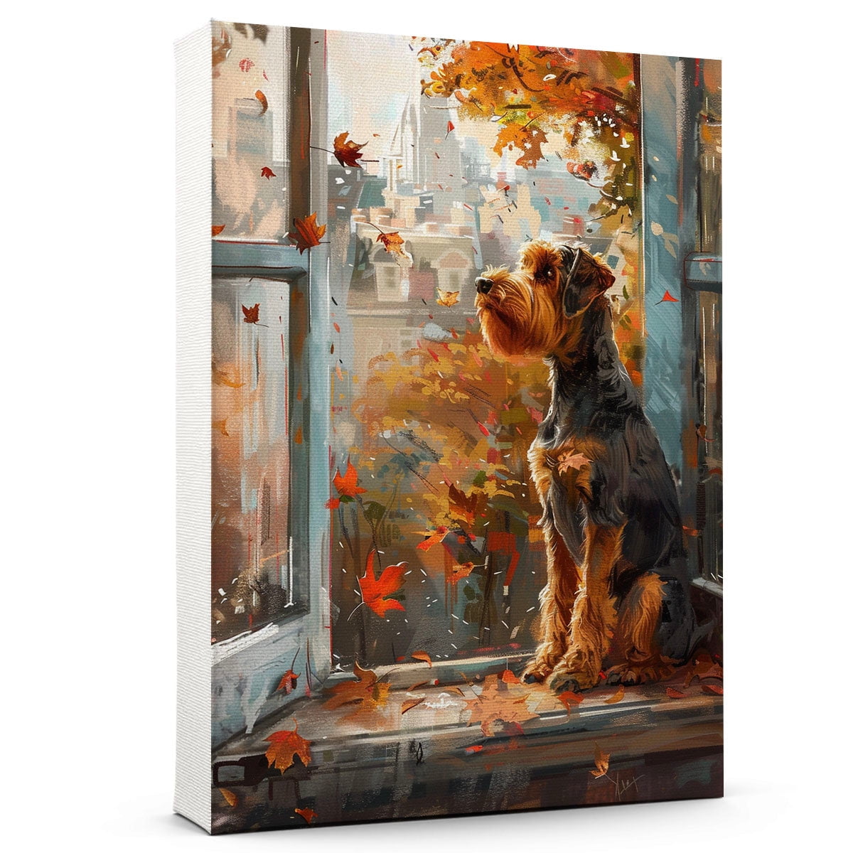 Dog Sitting Window Poster Art, Airedale Terrier Colorful Dog Decor Wall ...