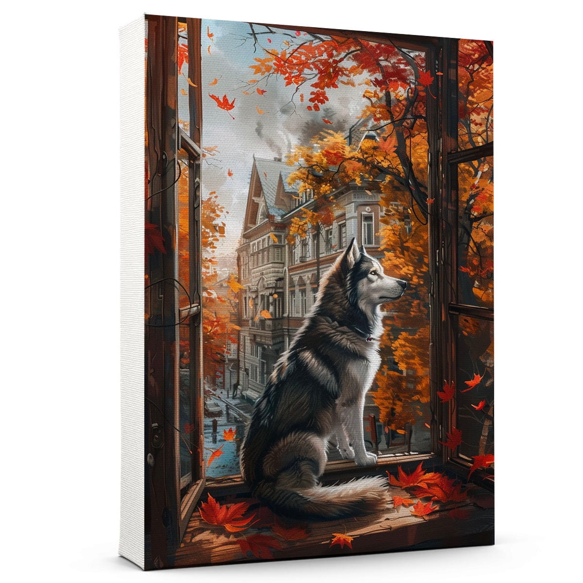 Dog Sitting Window Poster Art, Alaskan Malamute Colorful Dog Decor Wall ...