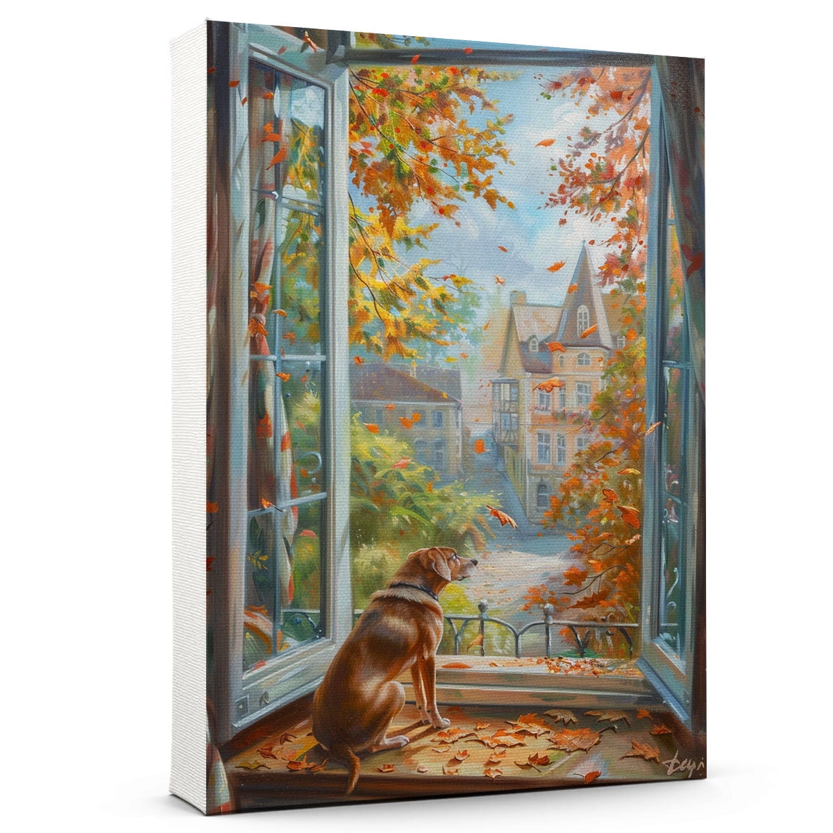 Dog Sitting Window Poster Art, American Leopard Hound Colorful Dog ...