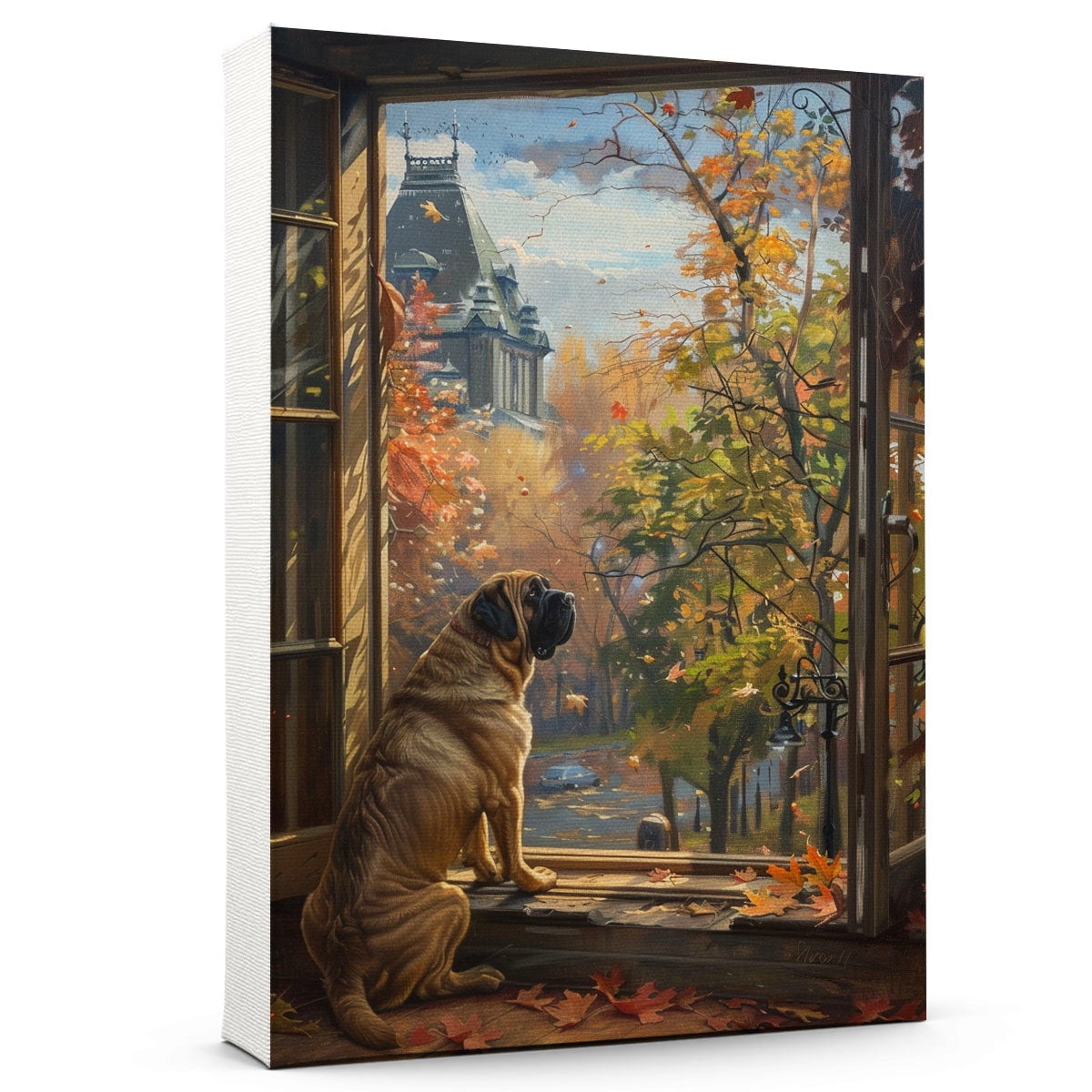 Dog Sitting Window Poster Art, Mastiff Christmas Colorful Dog Decor ...