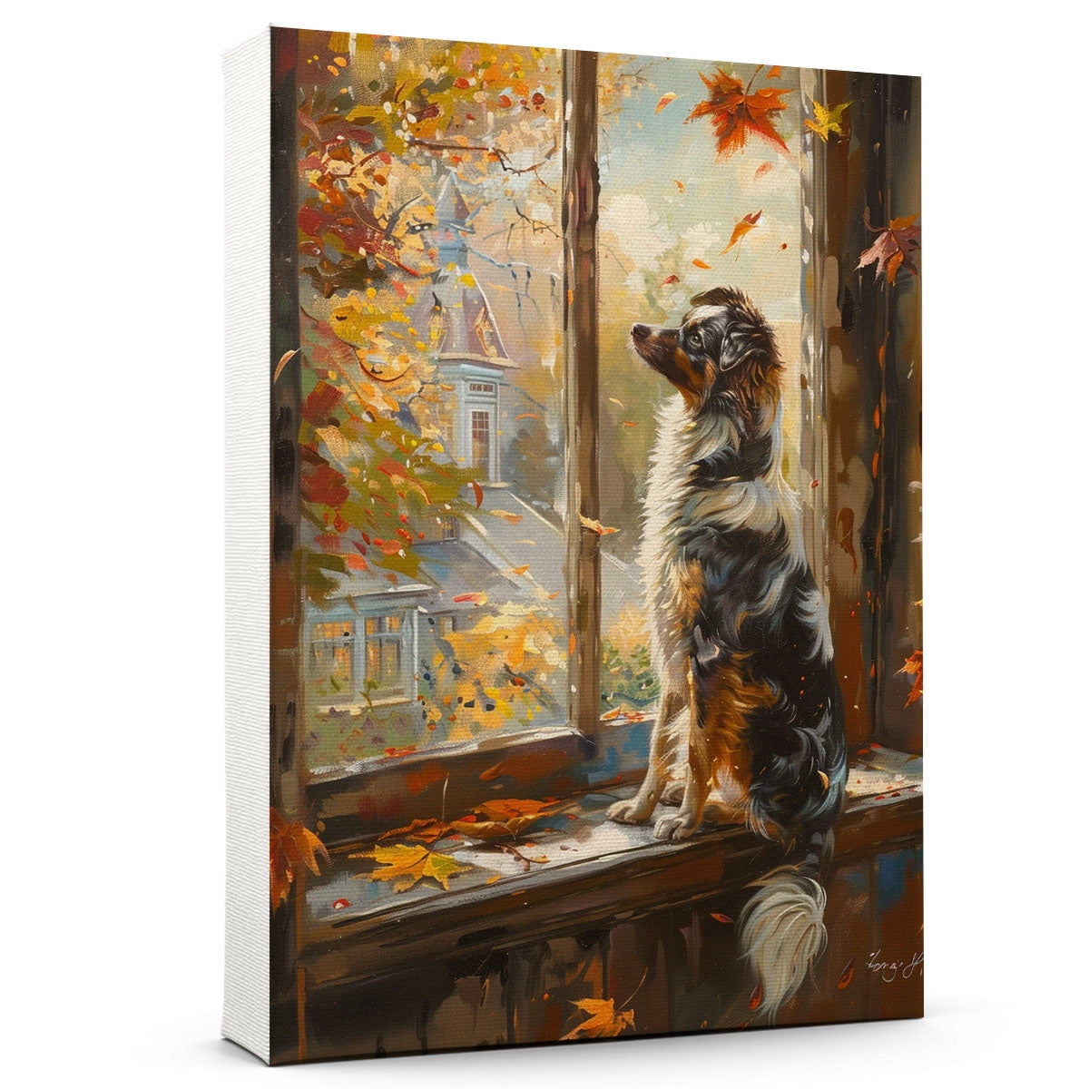 Dog Sitting Window Poster Art, Miniature American Shepherd Colorful Dog ...