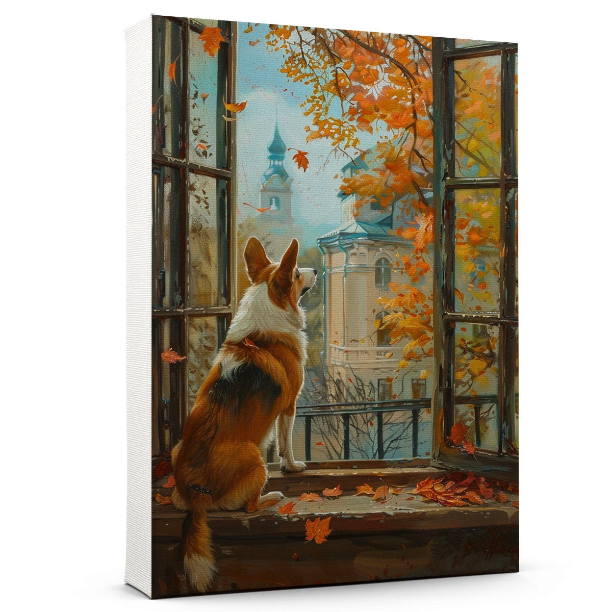 Dog Sitting Window Poster Art, Pembroke Welsh Corgi Colorful Dog Decor ...