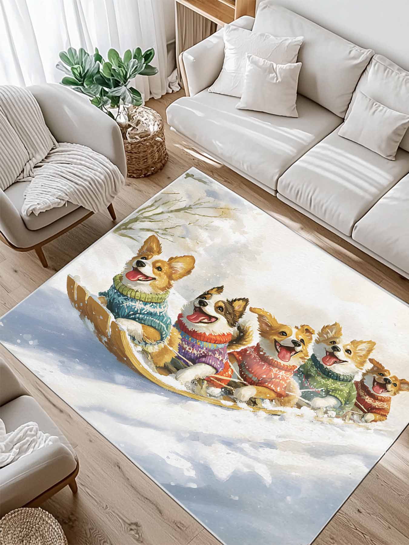 Dog Sled Ski Area Rug for Bedroom 2.7x5 Ft Winter Snow Sweater ...