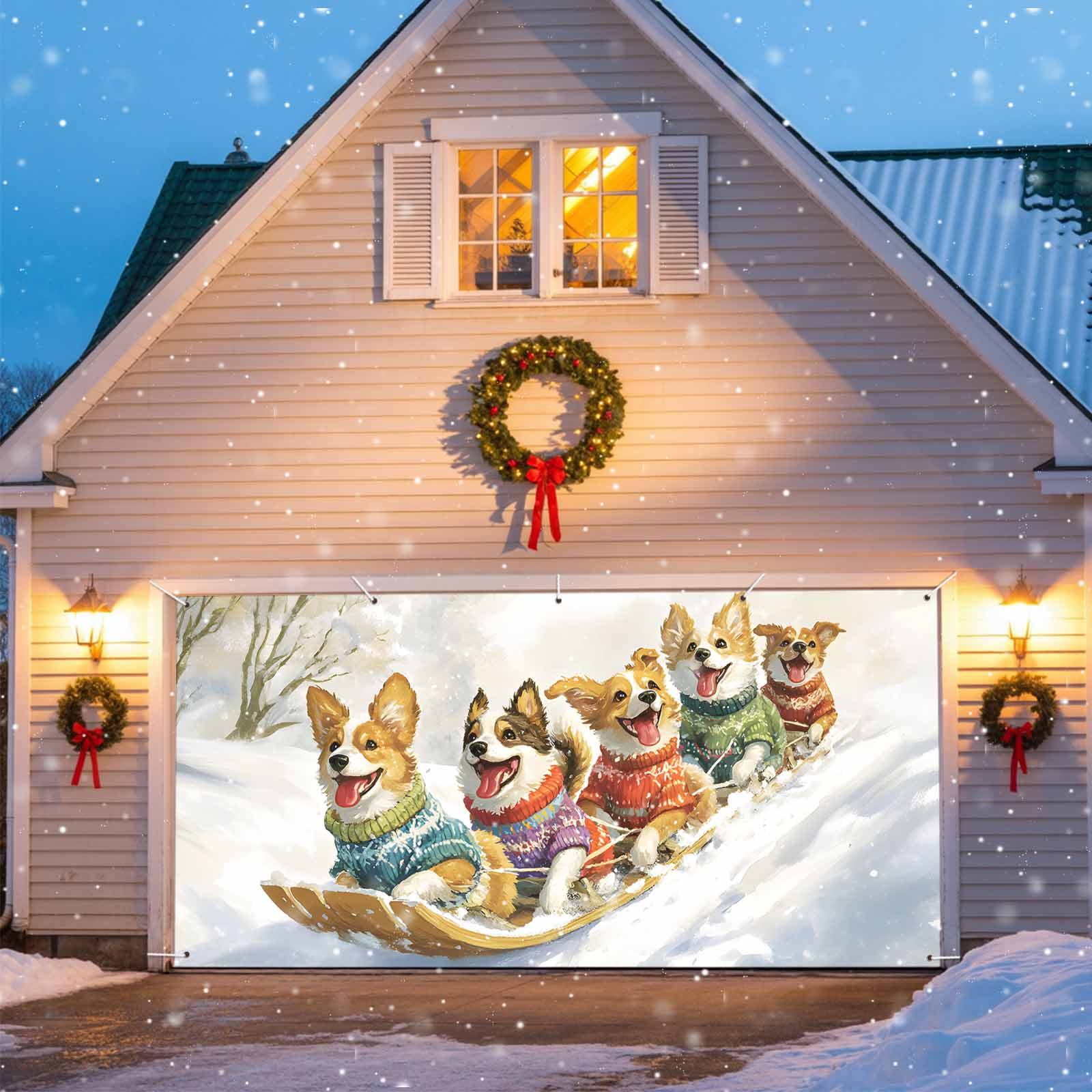 Dog Sled Ski Garage Door Banner Covers, Winter Snow Large Hanging ...