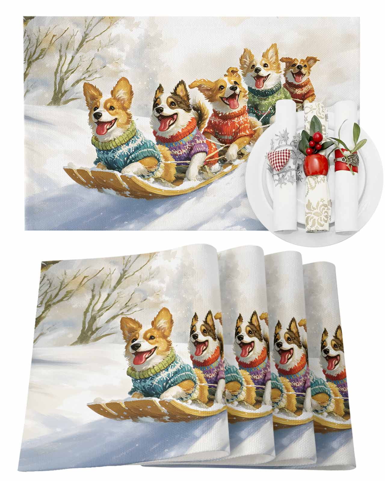 Dog Sled Ski Placemats Set of 8 Winter Snow Sweater Christmas Heat ...