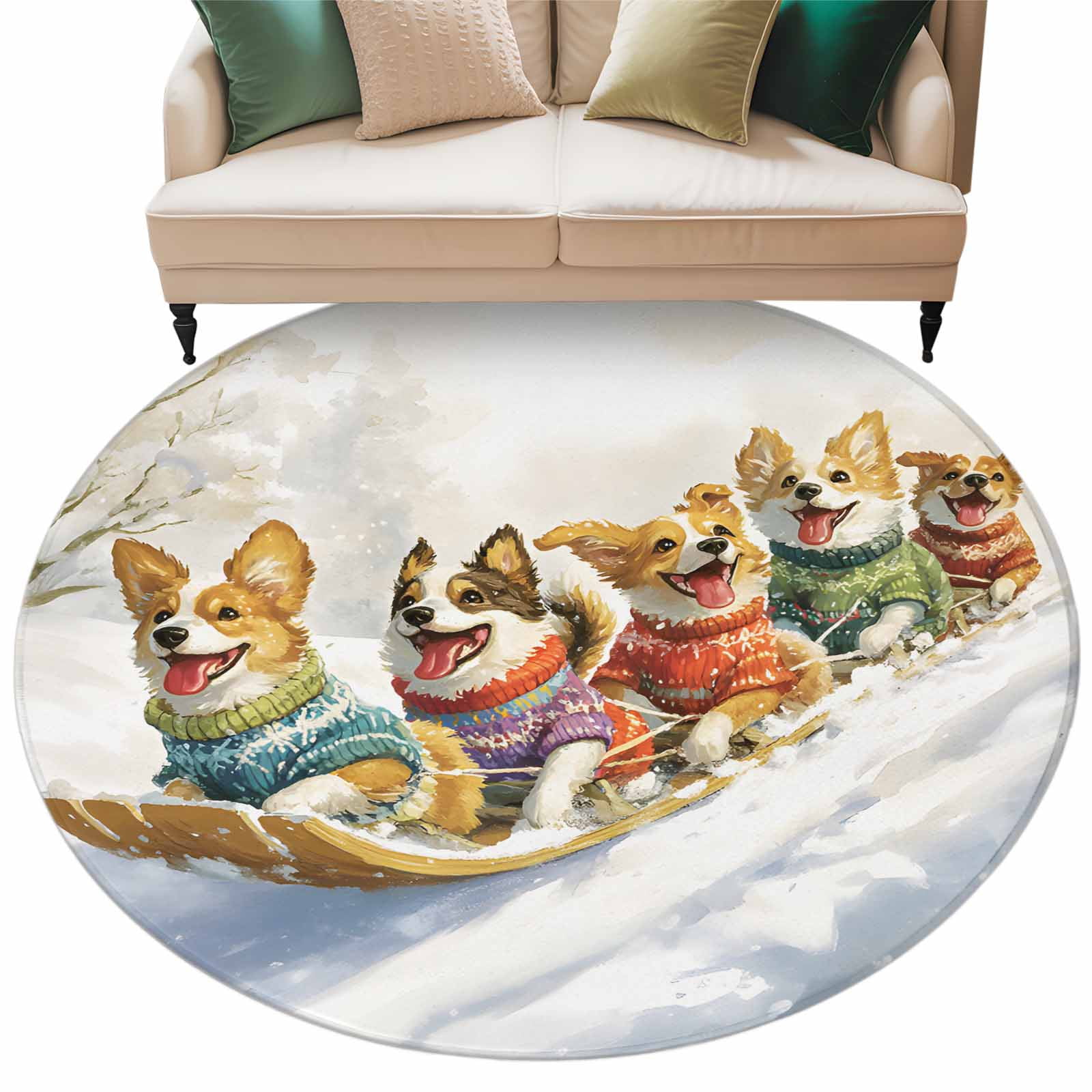 Dog Sled Ski Round Area Rug 5ft Winter Snow Non-Slip Washable Circle ...