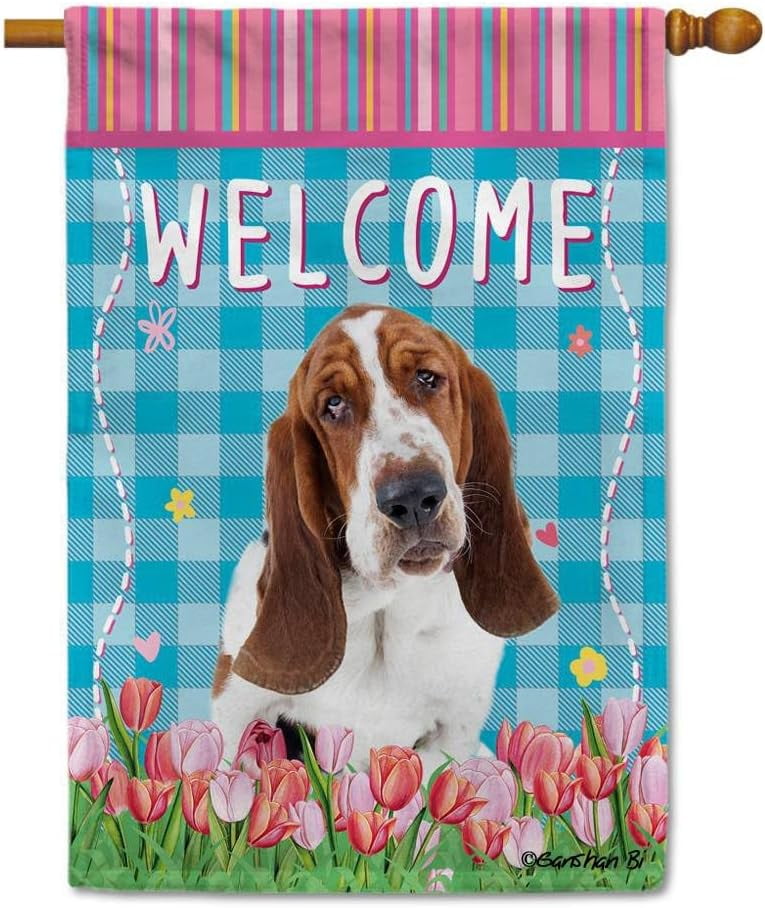 Dog Spring Summer Welcome House Flag Basset Hound Tulip Flowers Blue ...