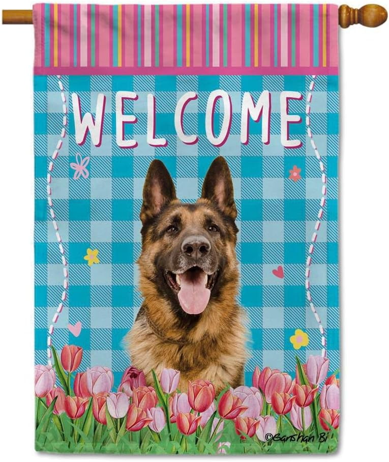 Dog Spring Summer Welcome House Flag German Shepherd Tulip Flowers Blue ...