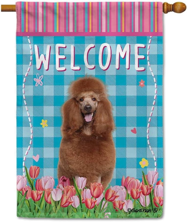 Dog Spring Summer Welcome House Flag Red Standard Poodle Tulip Flowers ...
