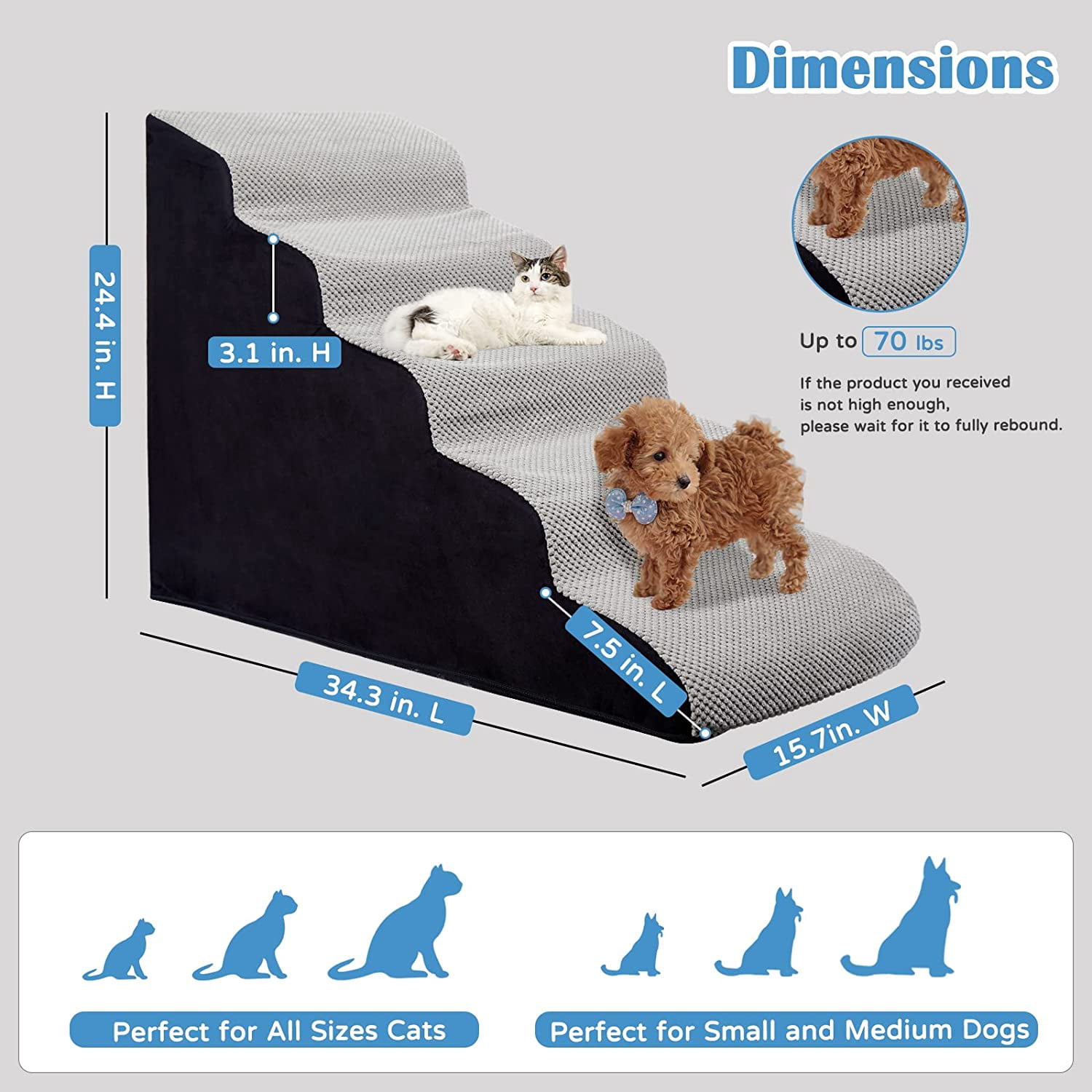 Dog Stair Steps/Ramps for High Beds 24 inches Tall, 5-Step Dog Stairs ...