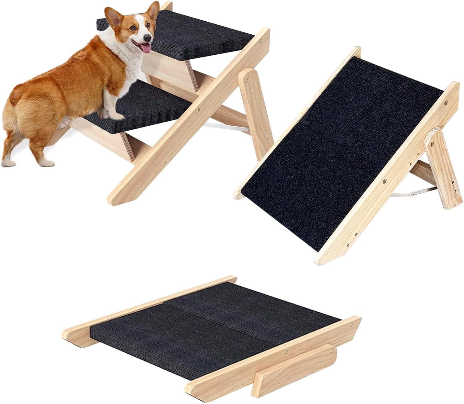 Dog Stairs/Ramp for Bed, Wooden Convertible Pet Steps, Portable Dog ...