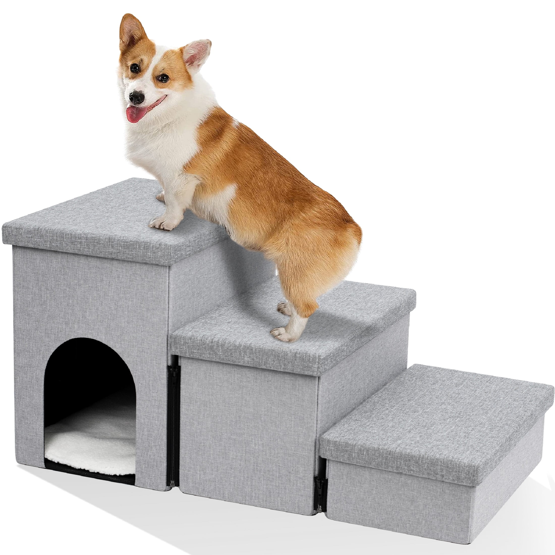Niubya Dog Stairs 3-Step Dog Ramp with Storage, Foldable Non-Slip Pet ...