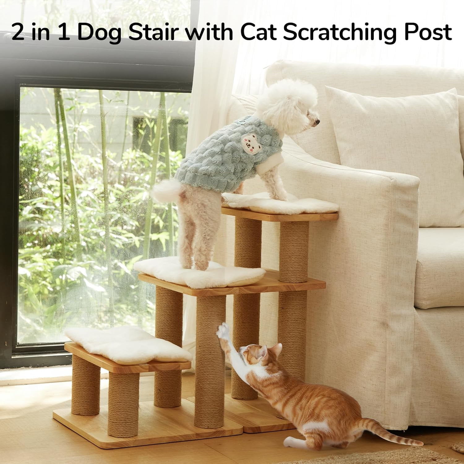 Dog Stairs, Solid Wood Pet Stairs with Cat Scratching Post ...