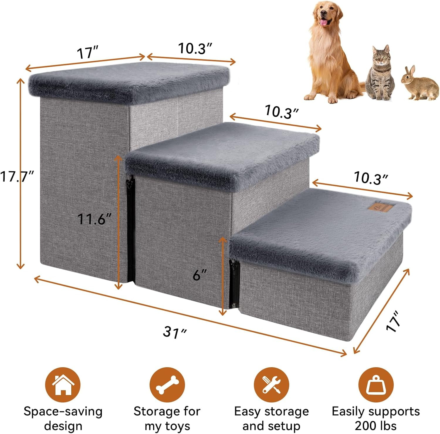 Dog Stairs with Storage 18" H, 3-Step Wider Dog Steps for Large/Medium ...