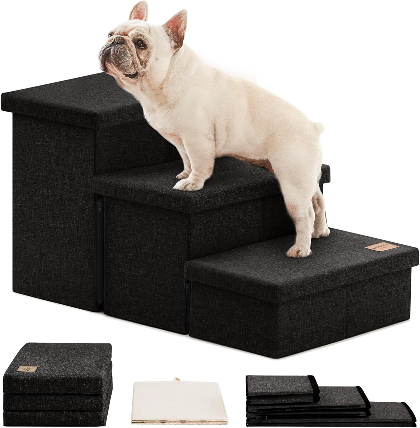 Dog Stairs with Storage,3 Steps Wider Dog Steps for High Bed 18" H ...