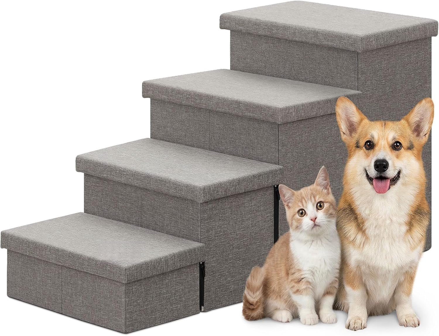 Dog Stairs with Storage, Grey 4 Steps Dog Ramp no Condo for Bed ...