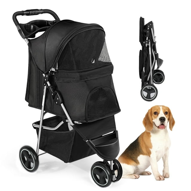 Wedyvko Foldable 3-Wheel Dog Stroller with Storage Basket and Cup ...