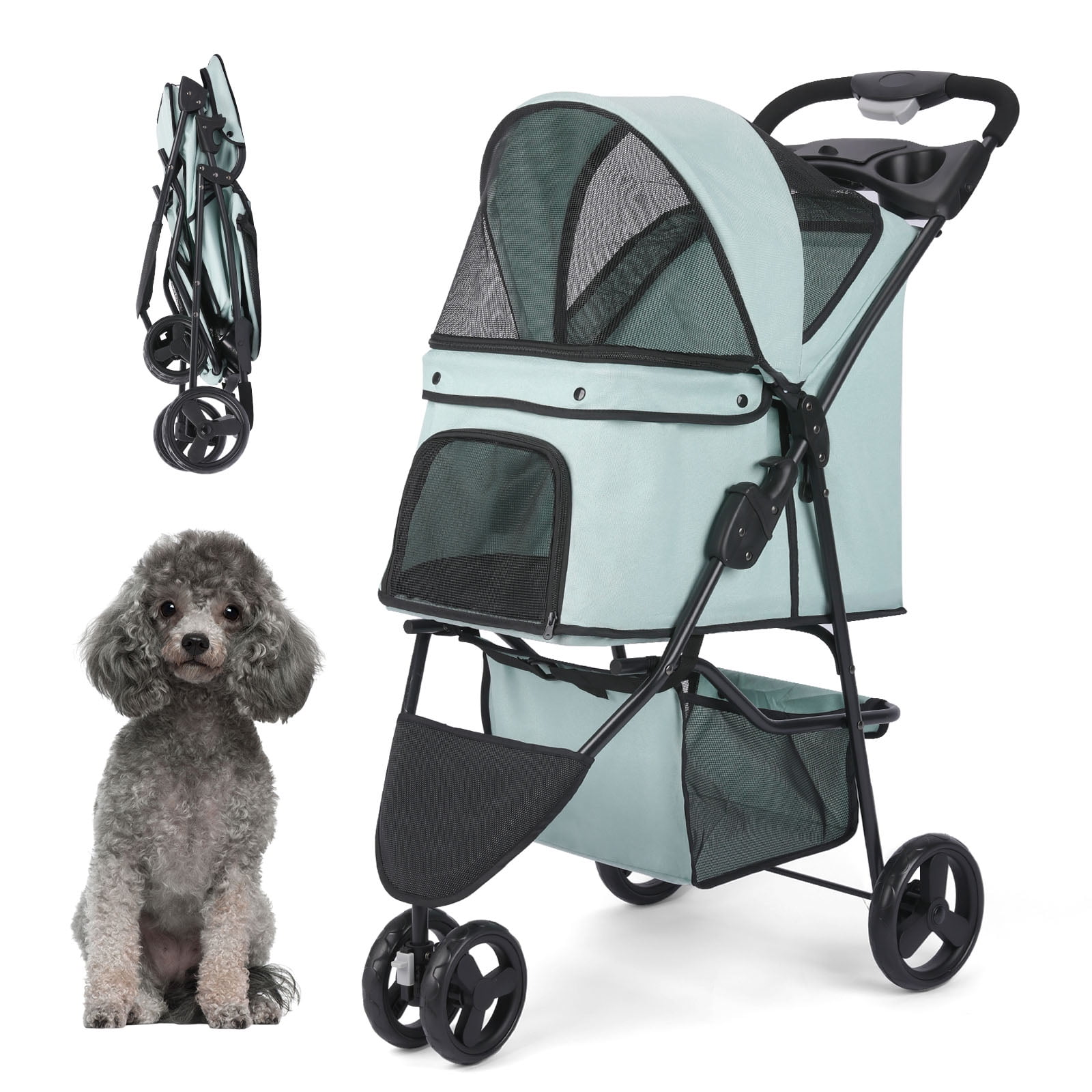Wedyvko Foldable Dog Stroller, 3-Wheel, Storage & Cup Holder for Small ...