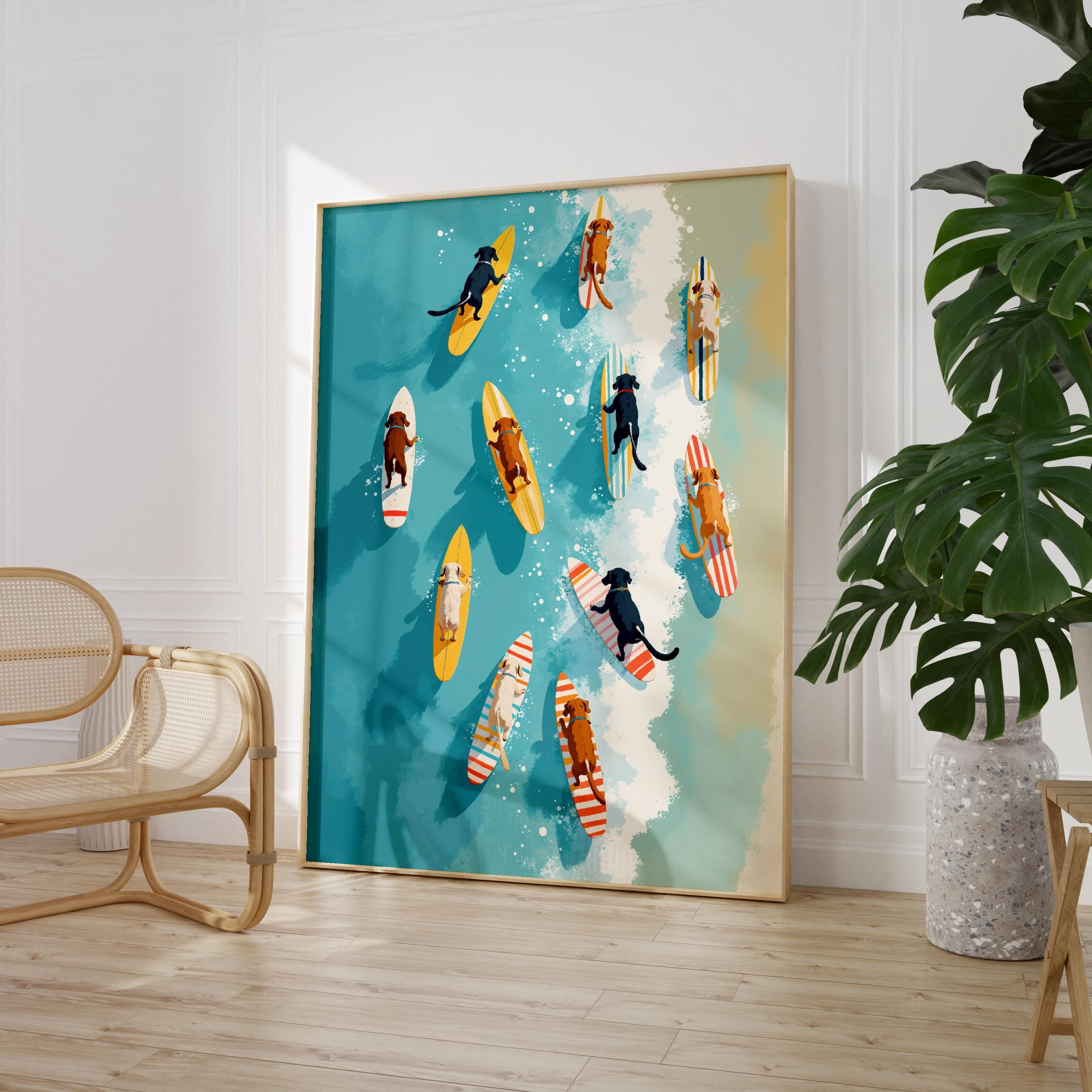 Dog Surf Beach Art Print, Whimsical Ocean Wall Decor Printed On Luxury ...