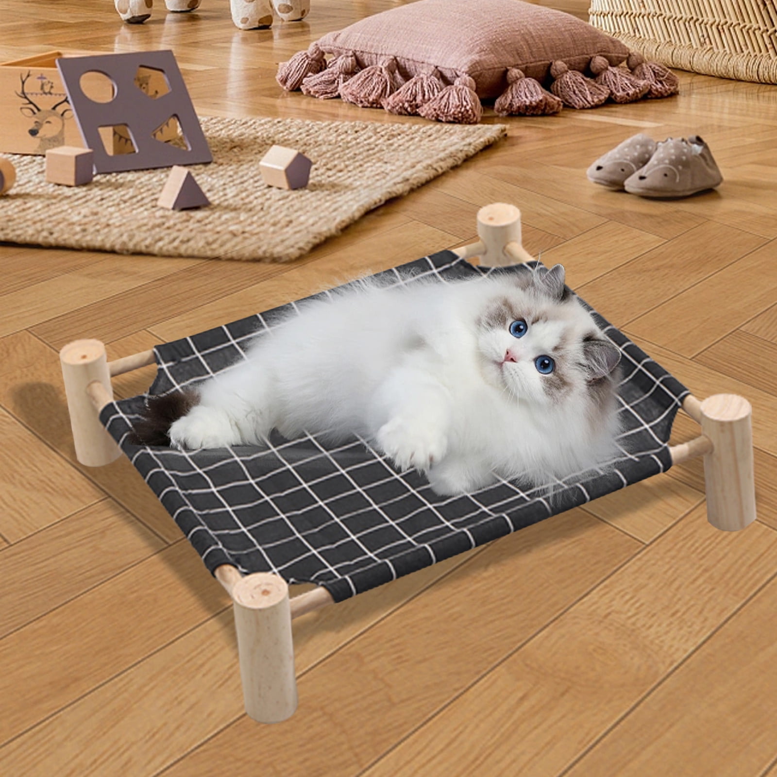 Dog Suspended Bed, Elevated Off-Ground Pet Cot with Natural Pine Frame ...