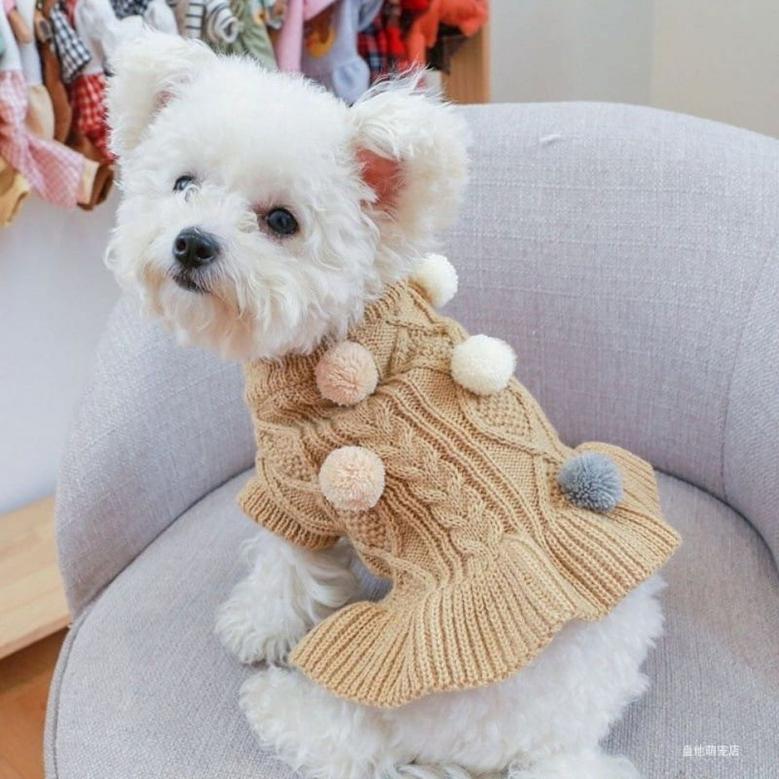 Dog Sweater Dress, Pet Sweater with Colorful Pom Pom Warm Knitwear ...