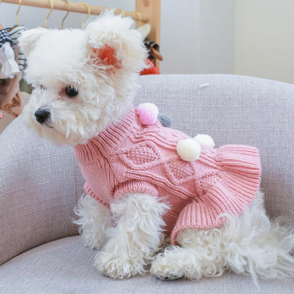 Dog Sweater Dress, Pet Sweater with Colorful Pom Pom Warm Knitwear ...
