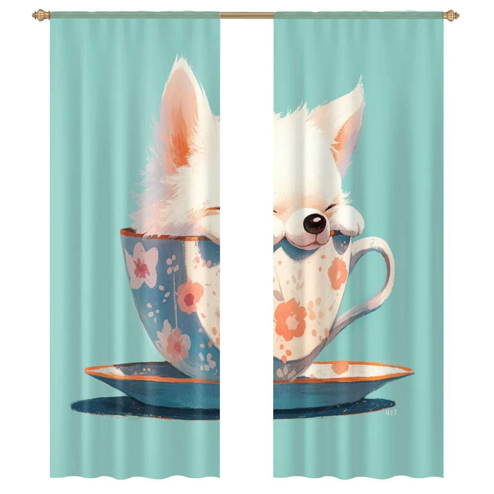 Dog Tea Time Print Tulle Curtains For Living Room Chiffon Sheer Voile ...