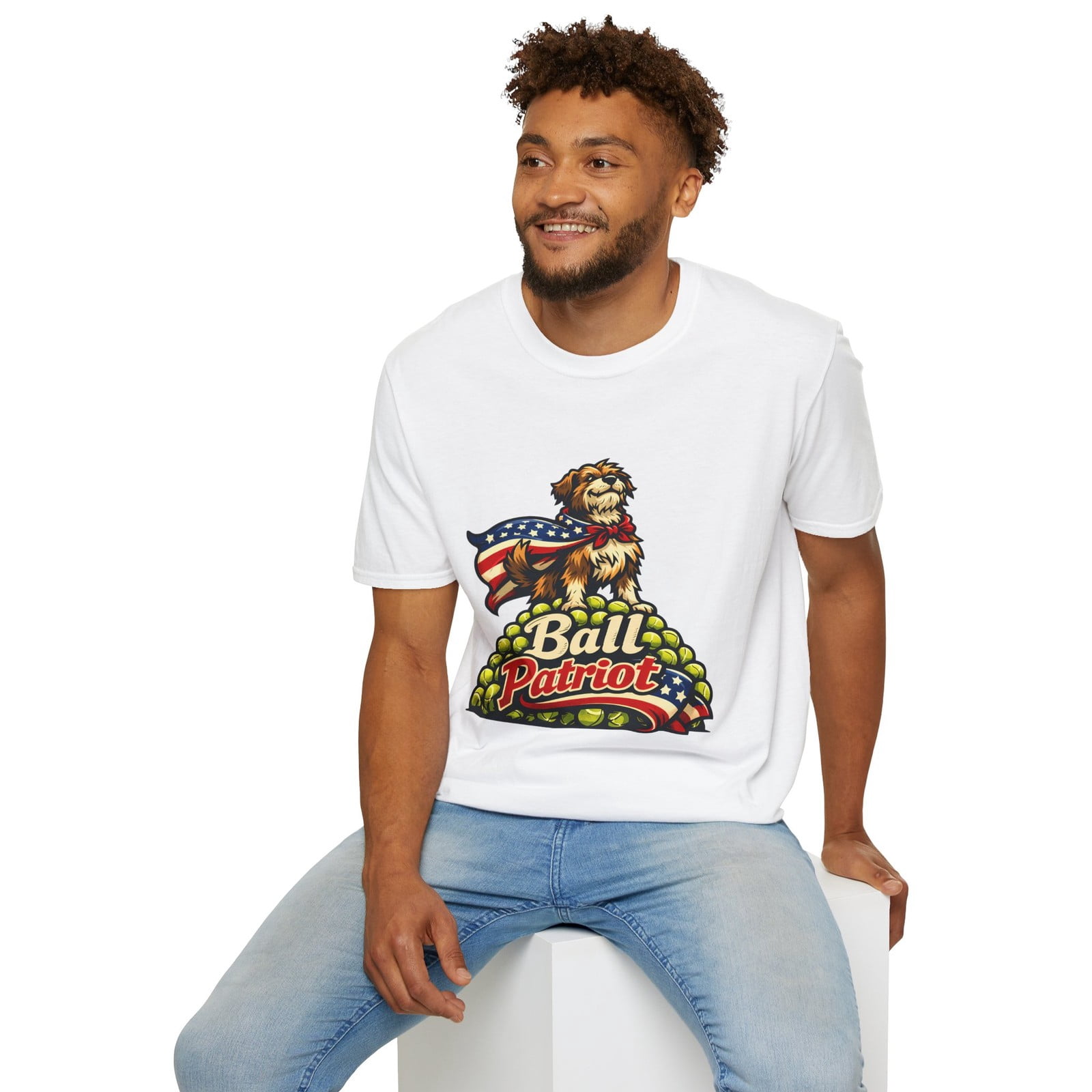 Dog Tennis Balls Patriotic Funny Animal Hero Unisex Softstyle T-Shirt ...