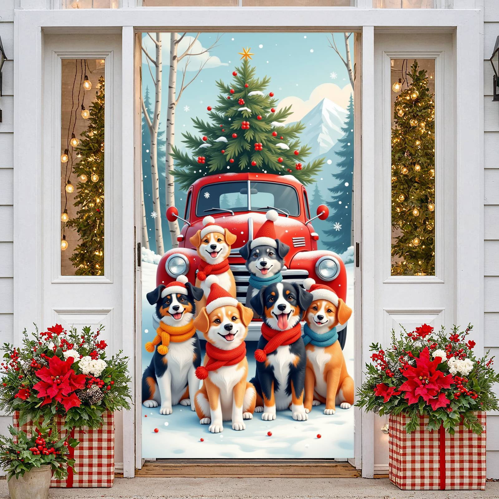 Dog Themed Christmas Banner Red Truck Design Xmas Backdrop Snowy Scene ...