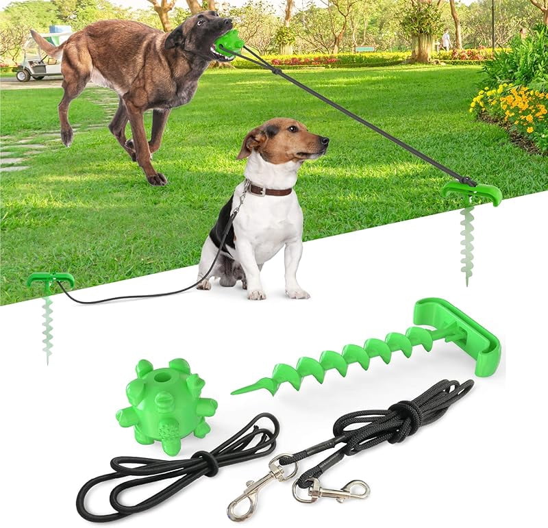 Dog Tie Out Cable and Stake, Multi-Functional Dog Stake with Dog Chew ...
