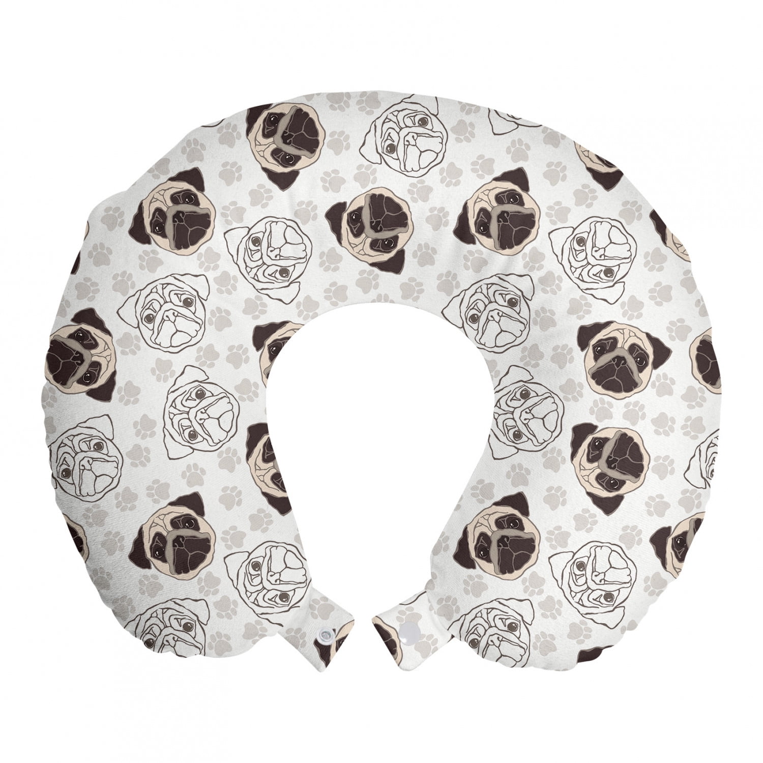 Dog Travel Pillow Neck Rest, Pug Portraits Traces Paw Print Background ...