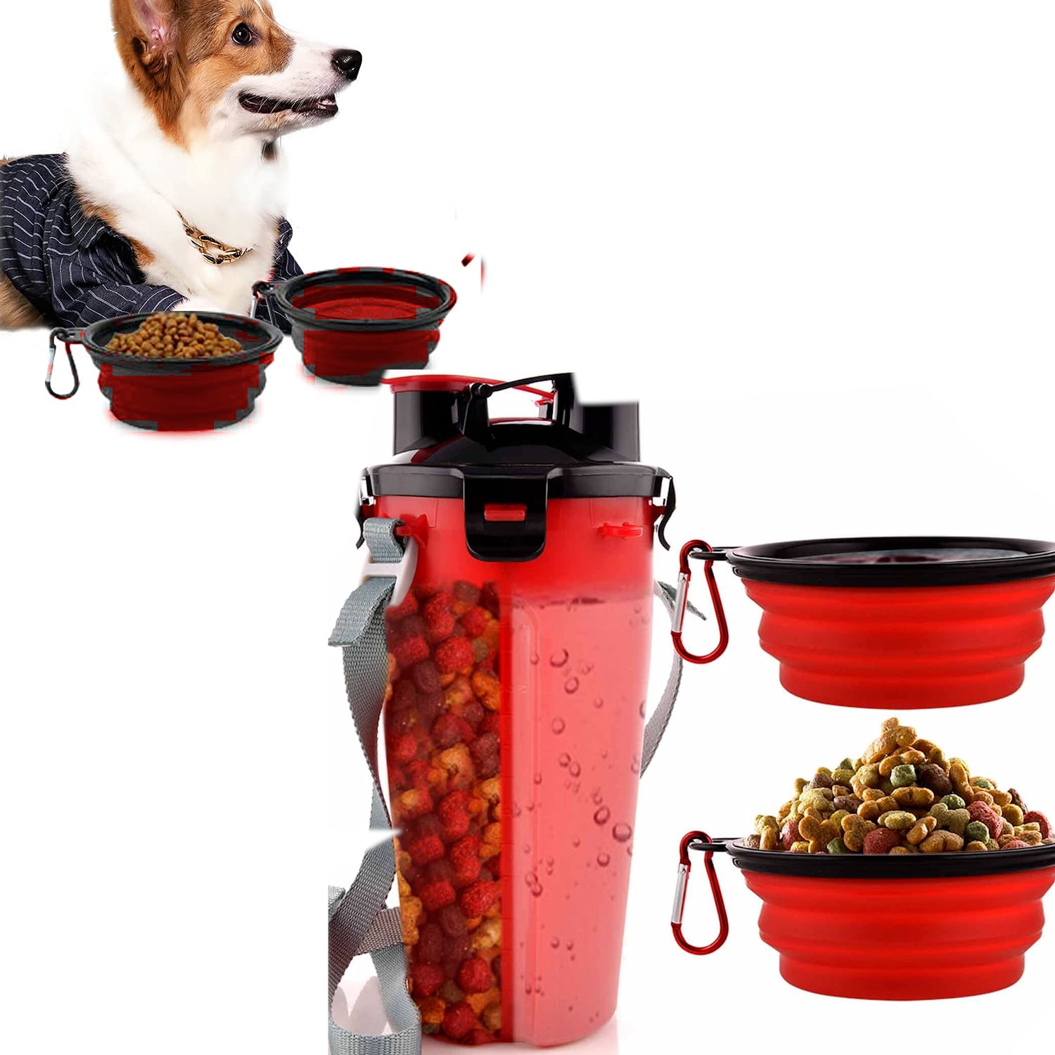 Dog Travel Water Bottle Collapsible Bowls, 2 in 1 Pet Food Container ...
