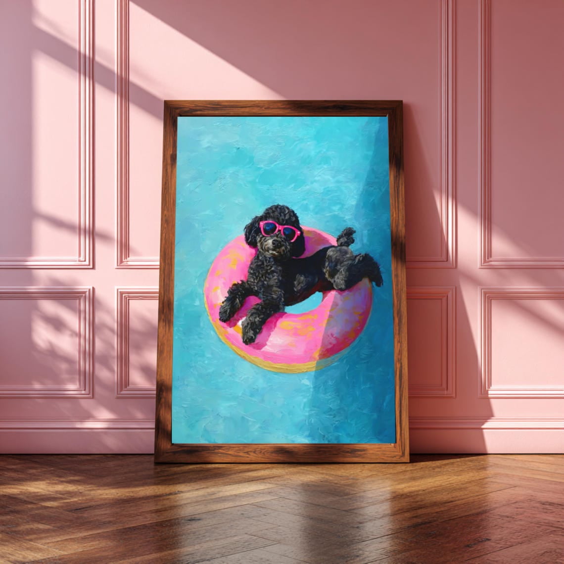 Dog Wall Art – Playful Black Poodle in Sunglasses Summer Pool Print, Whimsical Pet Decor Poster ...