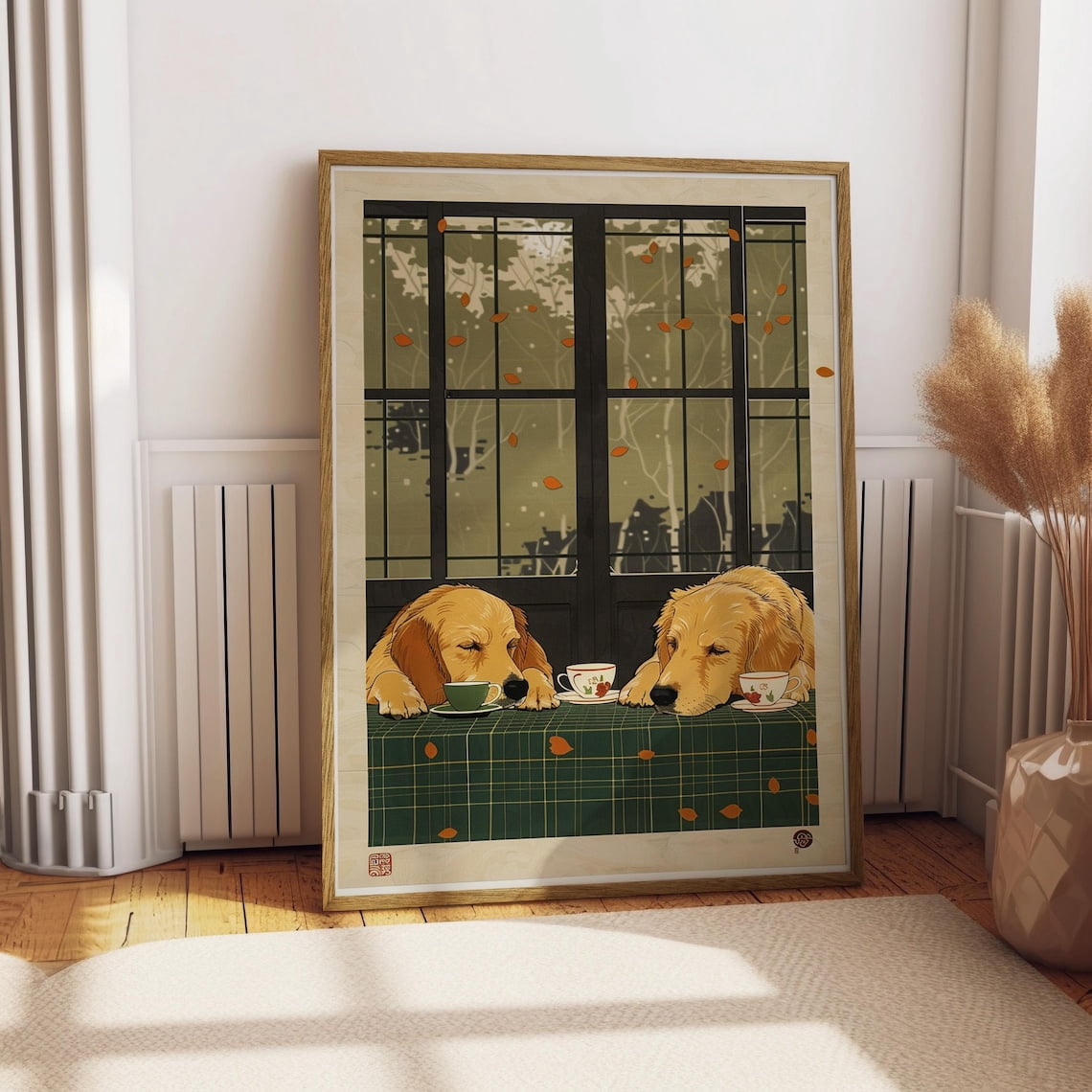 Dog Wall Cozy Dogs Illustration Cute Animal Art Warm Autumn Tea Scene ...