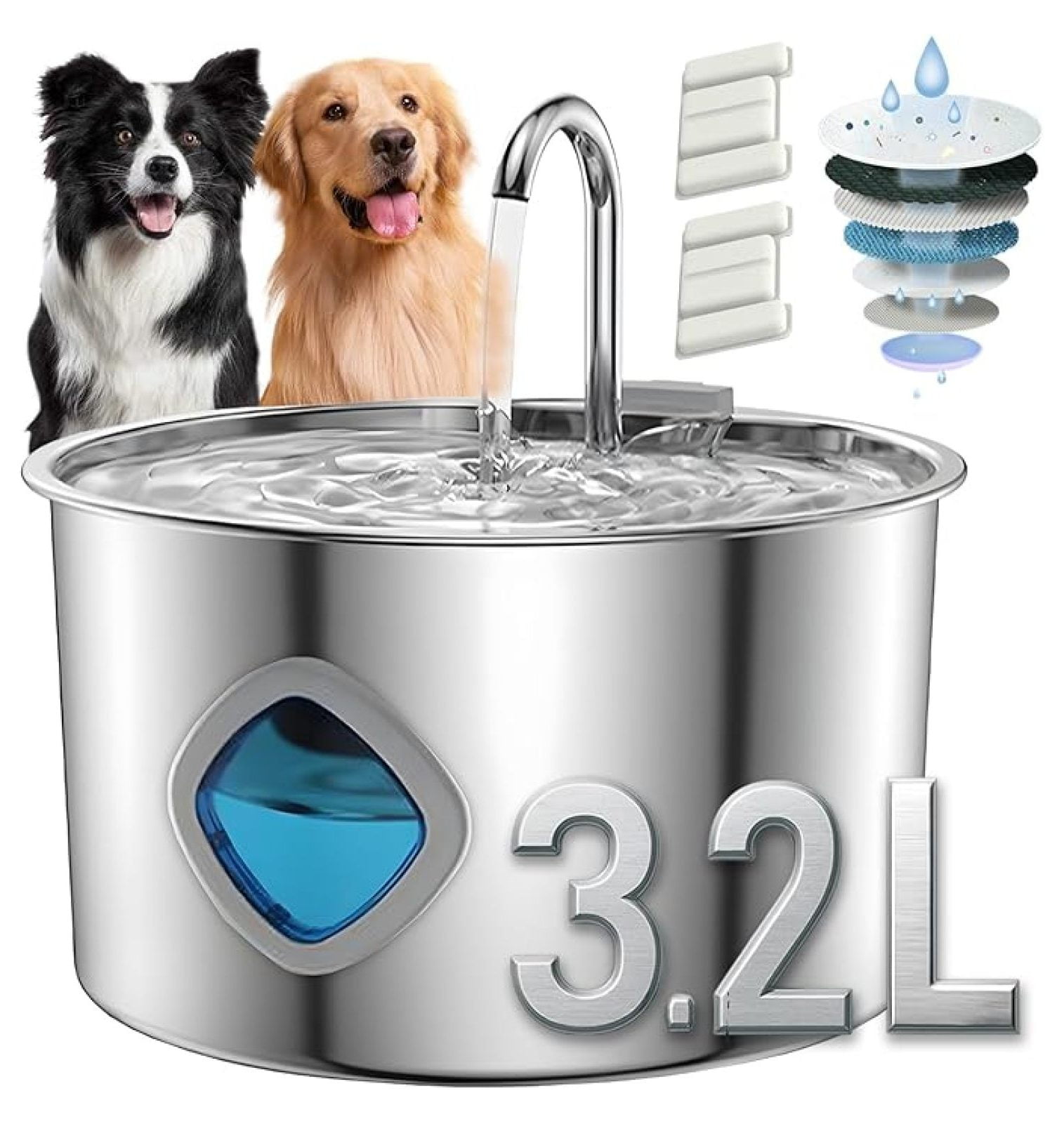 Dog Water Fountain, 3.2L/108oz Filtered Dog Water Bowl Dispenser ...