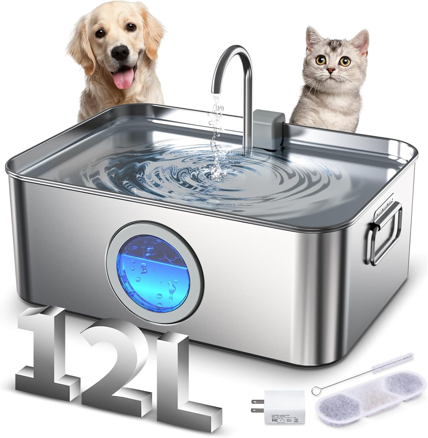 Dog Water Fountain Stainless Steel 12L/410oz/3.2Gal, DYSJ01 Ultra Quiet ...