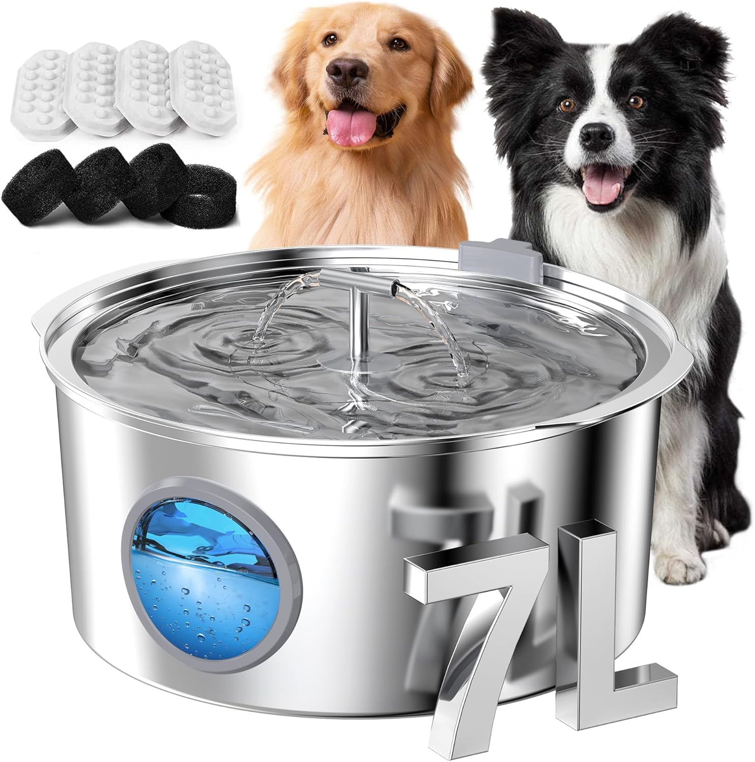 Dog Water Fountain Stainless Steel: 7L/1.8Gal Large Dog Fountains Quiet ...