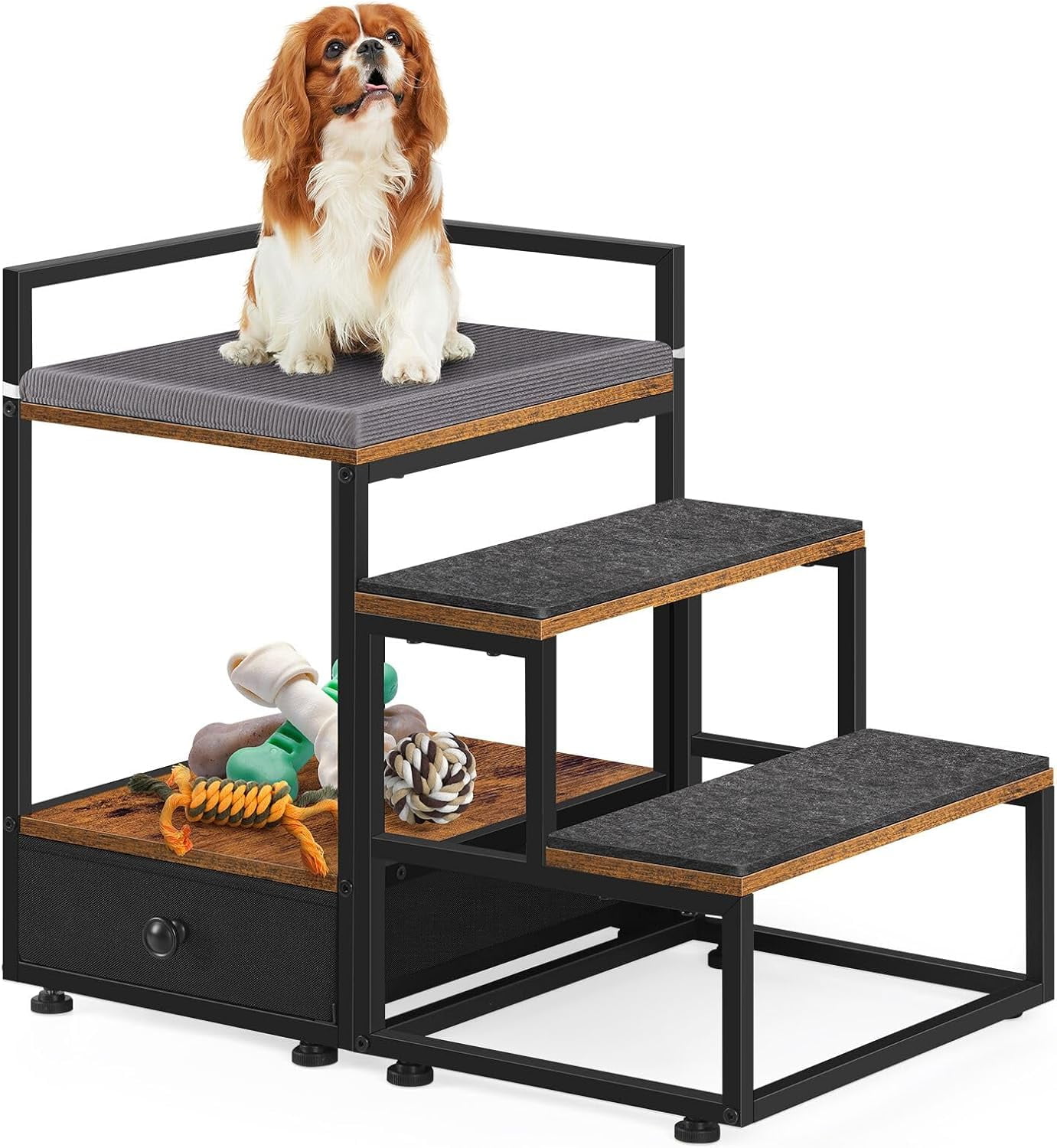 Dog Window Perch, Elevated Pet Bed with Stairs and Storage Drawer, Non ...