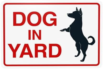Dog in Yard With Graphic Warning Sign, Beware Of Dog Security Metal ...