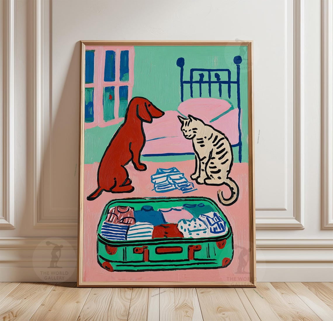 Dog and Cat Packing Suitcase Poster Naive Animal Pink Bedroom Art ...