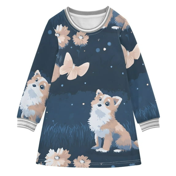 Dog and Flowers Girls'long-sleeved dress Thickened A-dress Warm Dress ...