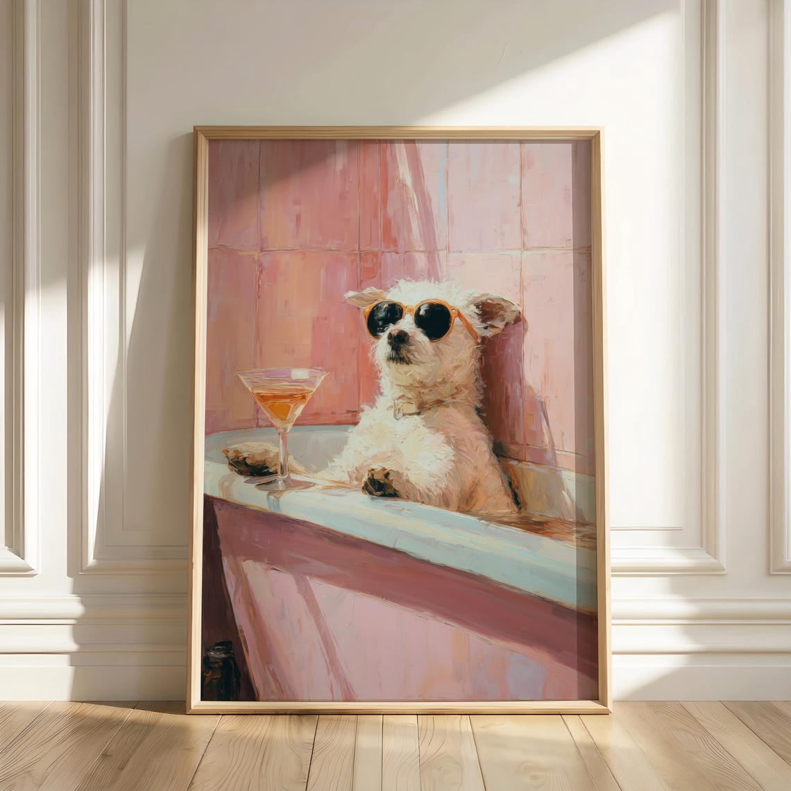Dog in Bathtub Pink Bathroom White Terrier Martini Quirky Animal ...