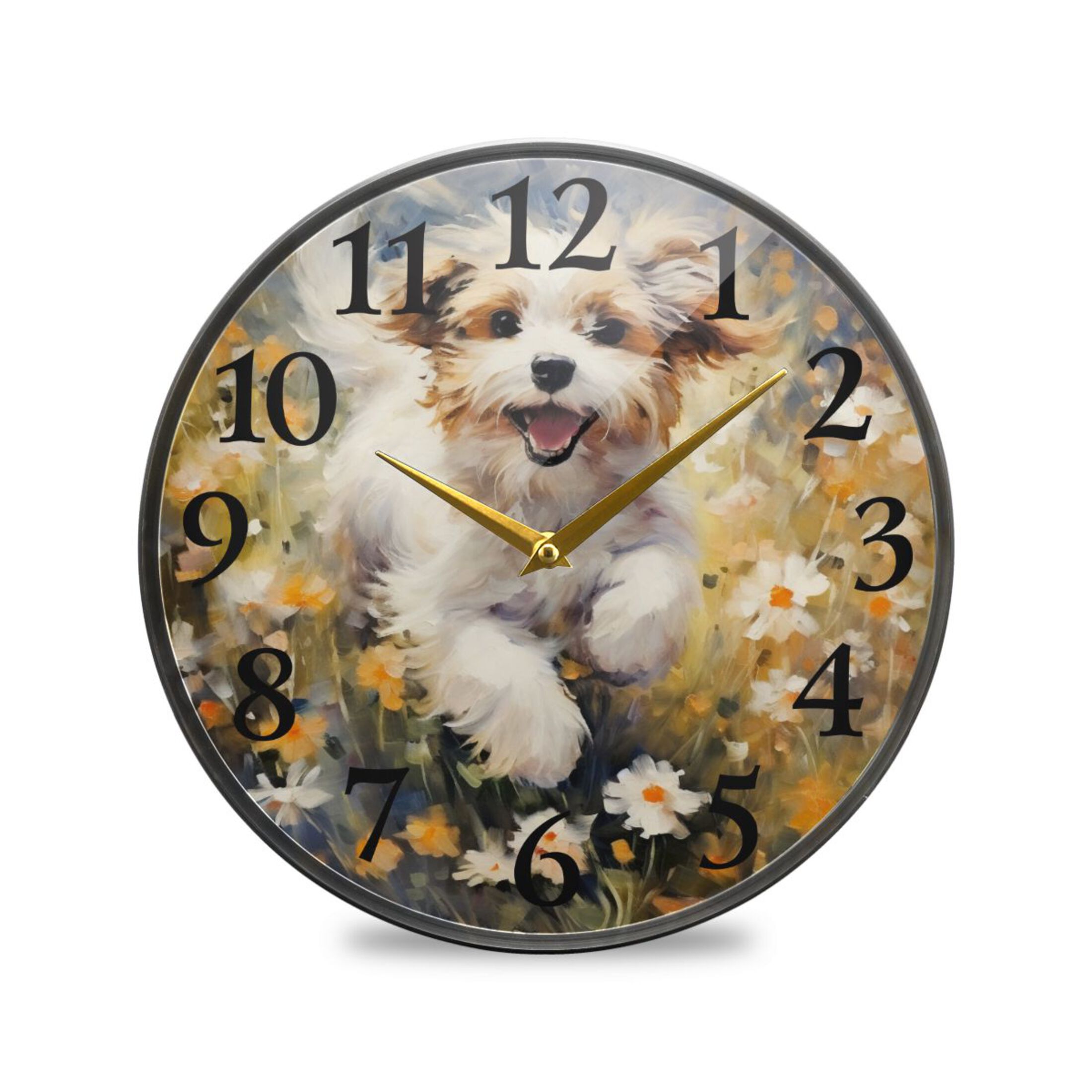 Dog in Daisy Flowers Wall Clocks Battery Operated 9.5 Inch Round Clock ...