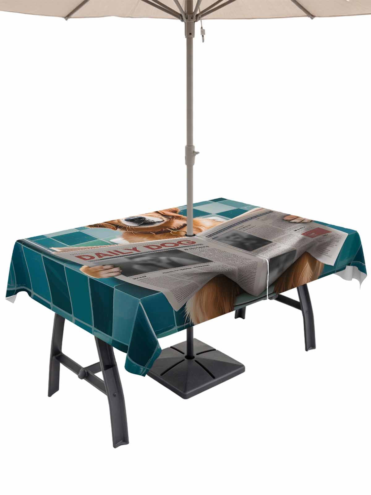 Dog in Toilet Rectangle Outdoor Tablecloth with Umbrella Hole Funny ...