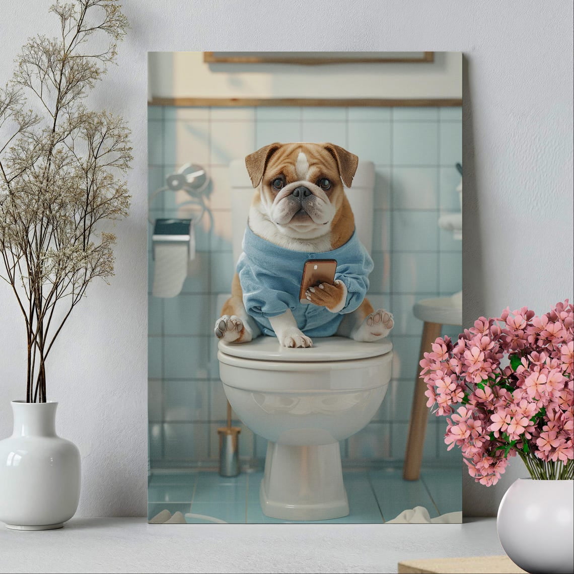 Dog on Toilet Phone Wall Art, Funny Bathroom Pet Decor, Unframed Canvas ...